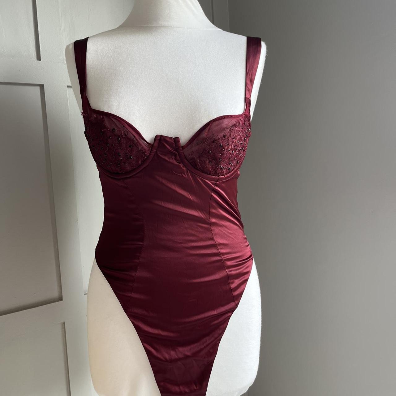 Oh Polly satin burgundy bodysuit with mesh... - Depop