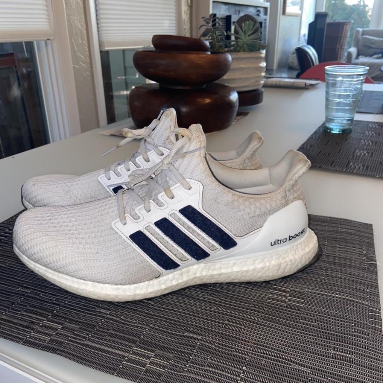 Adidas Ultra boost size 12 Navy blue stripe Good... - Depop