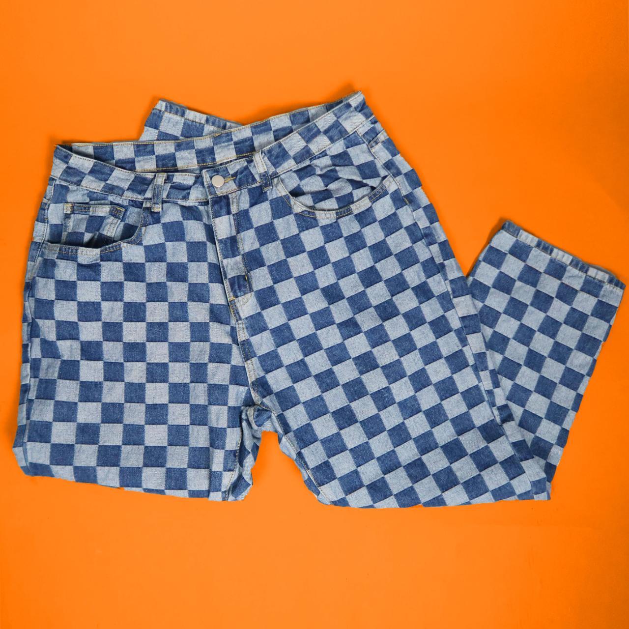 💙 2 tone patchwork checkerboard denim jeans. Super... - Depop