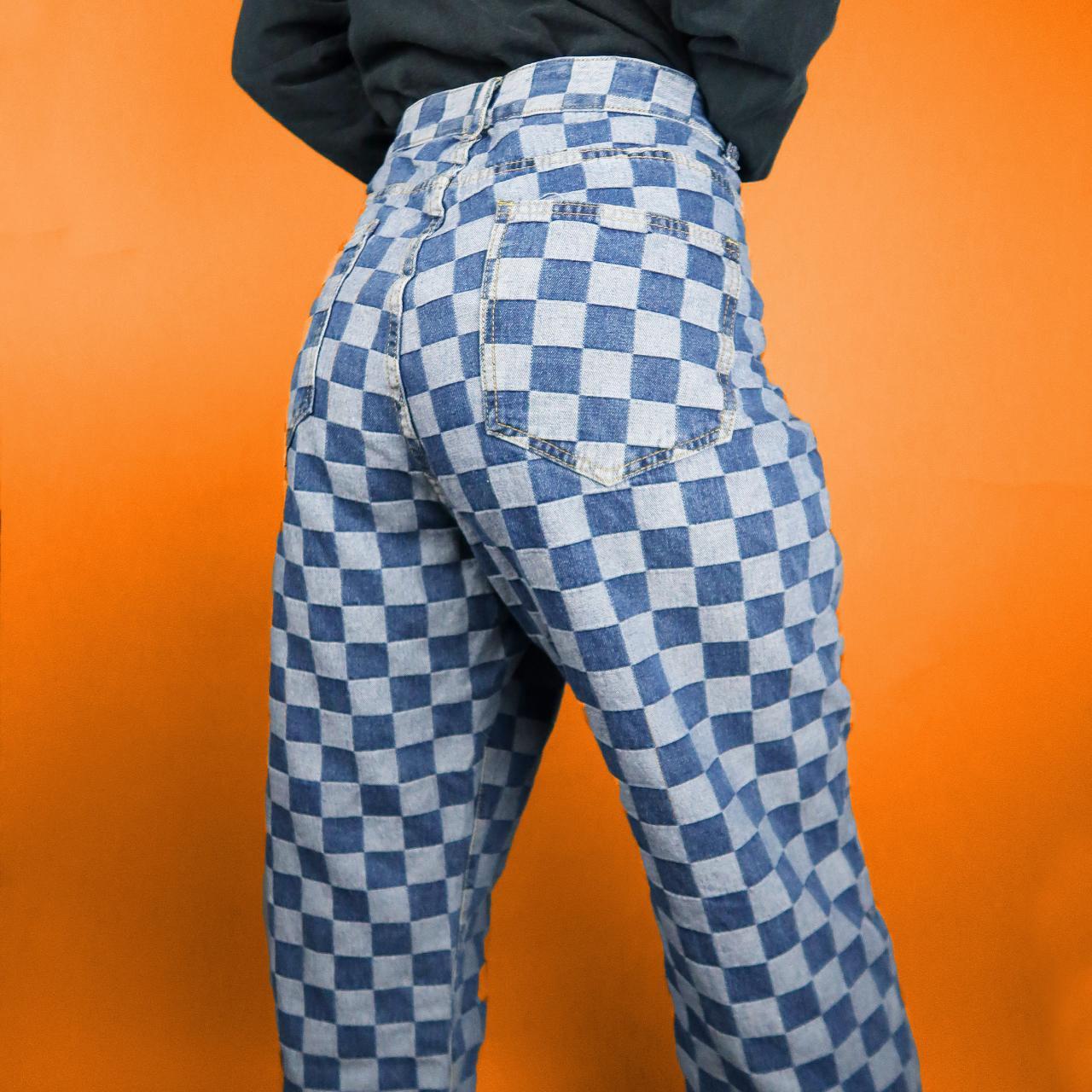 💙 2 tone patchwork checkerboard denim jeans. Super... - Depop