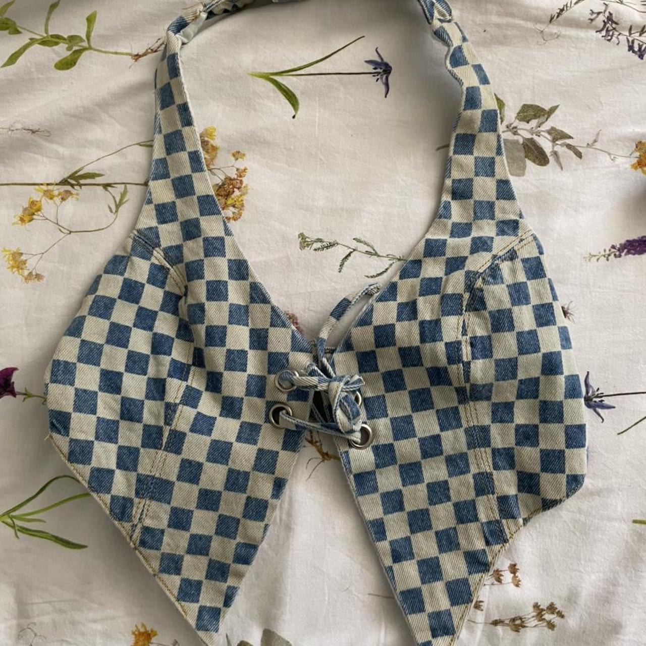tiger mist denim checkerboard halter top size small... - Depop
