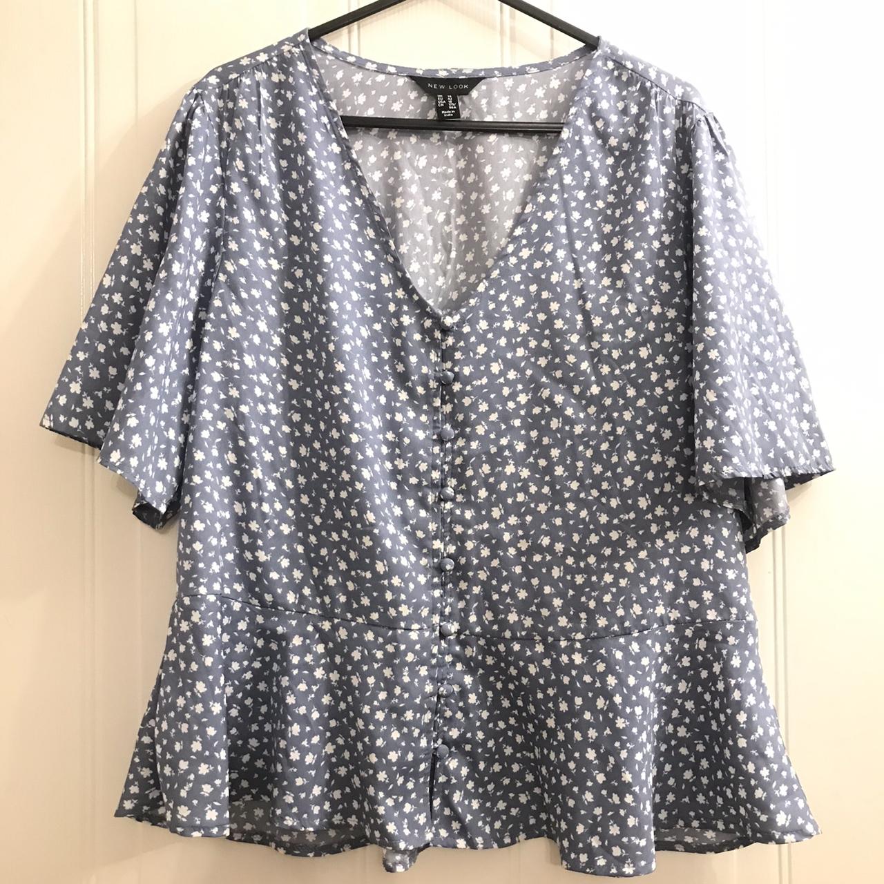 Gorgeous New Look Blue Floral Peplum top shirt... - Depop