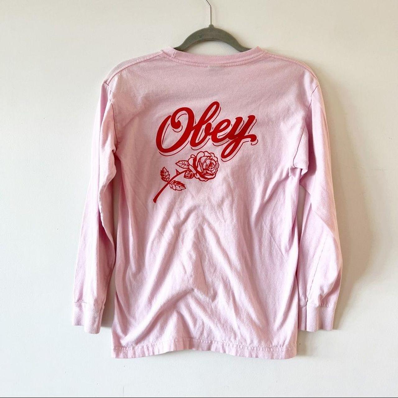 Obey pink cotton long sleeve T-shirt size small with... - Depop
