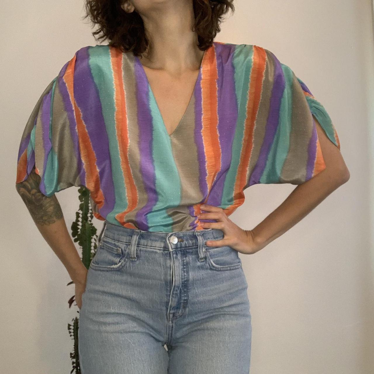 Vintage MINT rainbow bright blouse with rouched top... - Depop