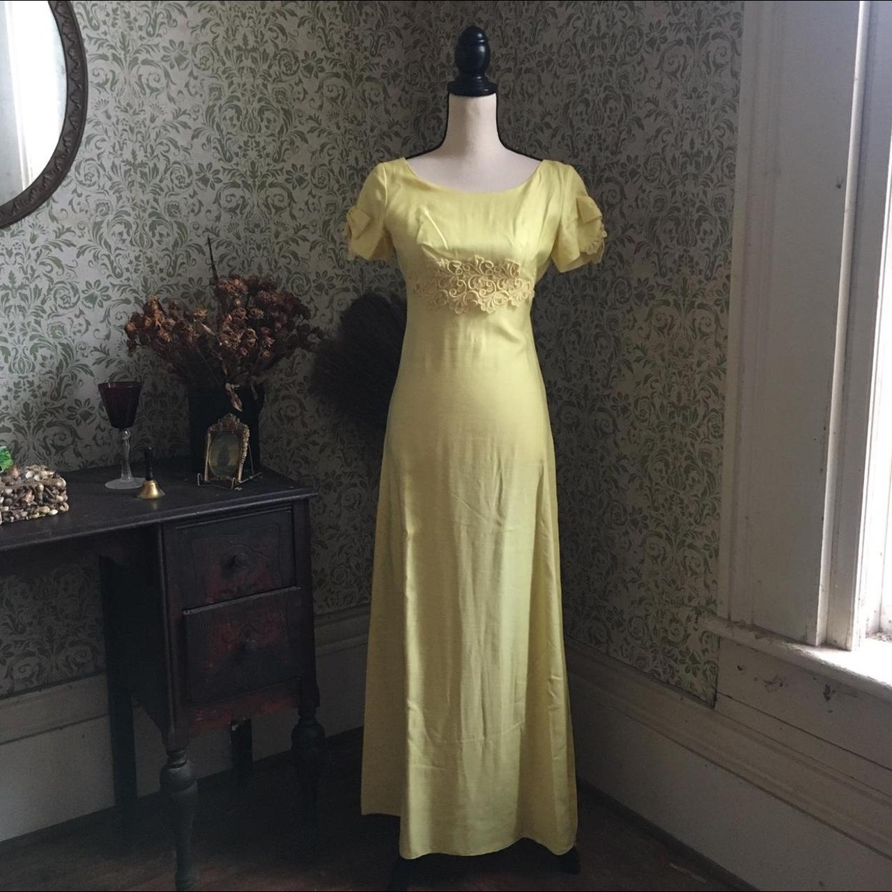 Pretty pale yellow empire waist 60s regency style... - Depop