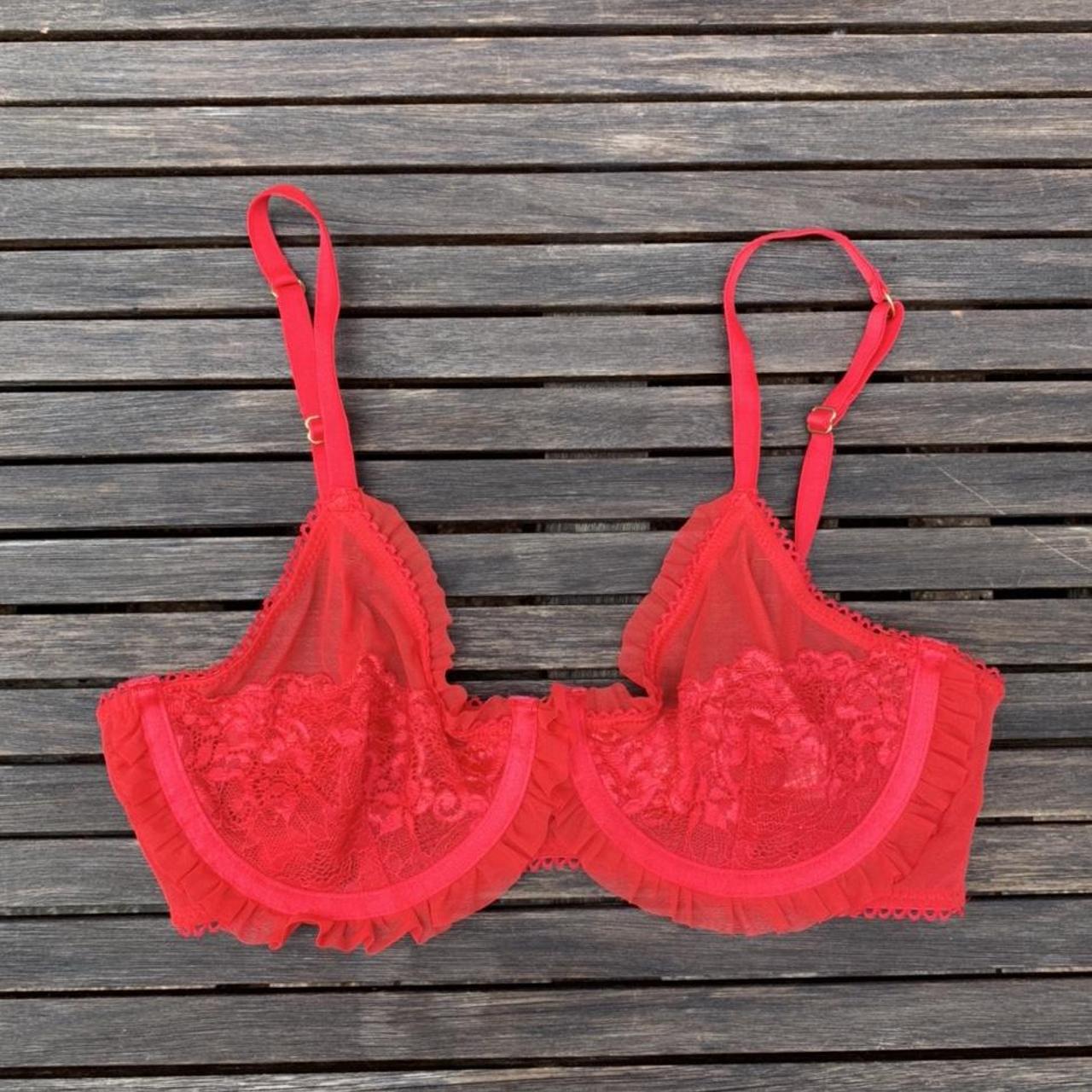 Topshop underwired frilly red lace & mesh bra •... - Depop