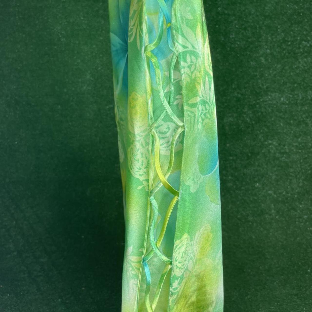 Gorgeous tropical neon green silky slip with lace up... - Depop