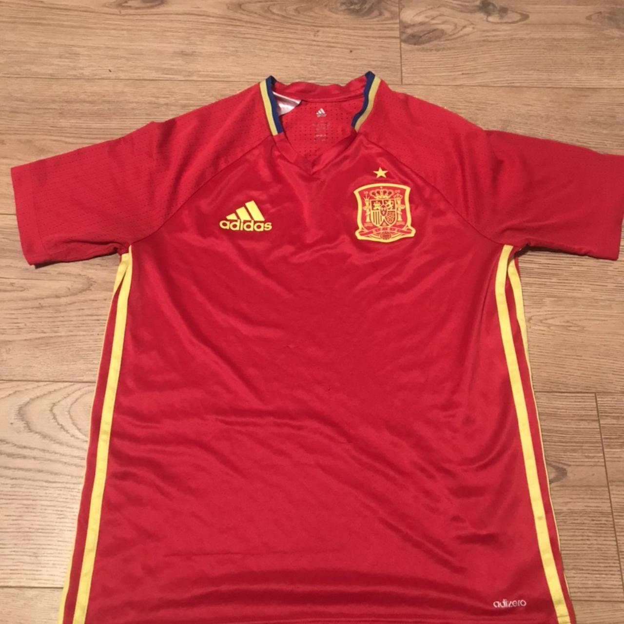 Red home Spain Adidas soccer jersey 13-14 few nick... - Depop