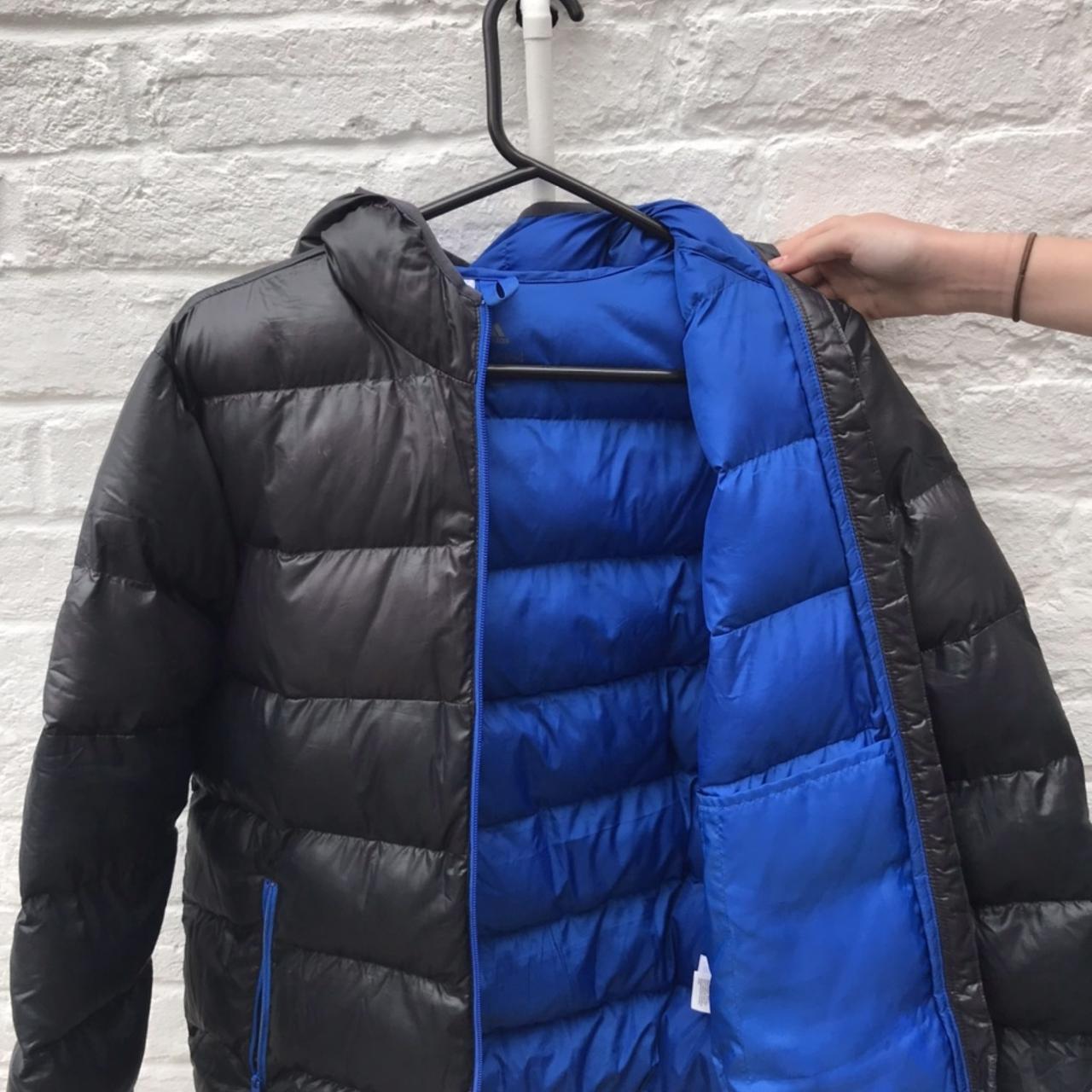 Black Adidas jacket with blue logo and inside. Age... - Depop