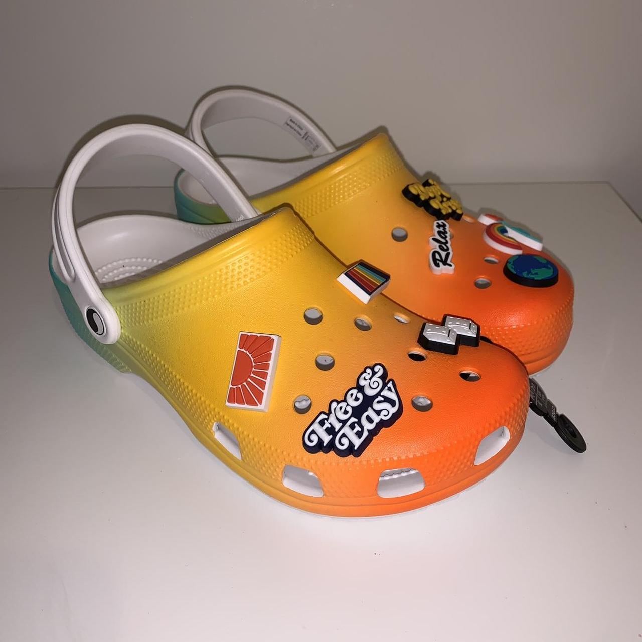 Crocs Men's Orange and Yellow Flipflops | Depop