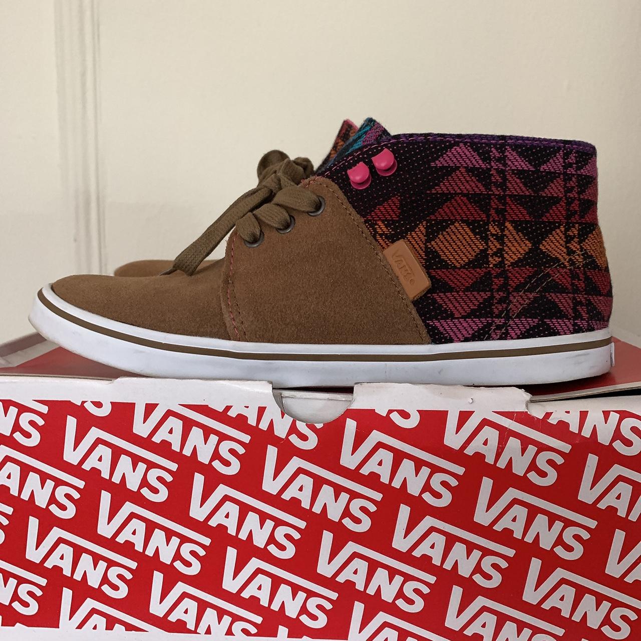 Brown suede hybrid vans with Aztec patterned fabric... - Depop