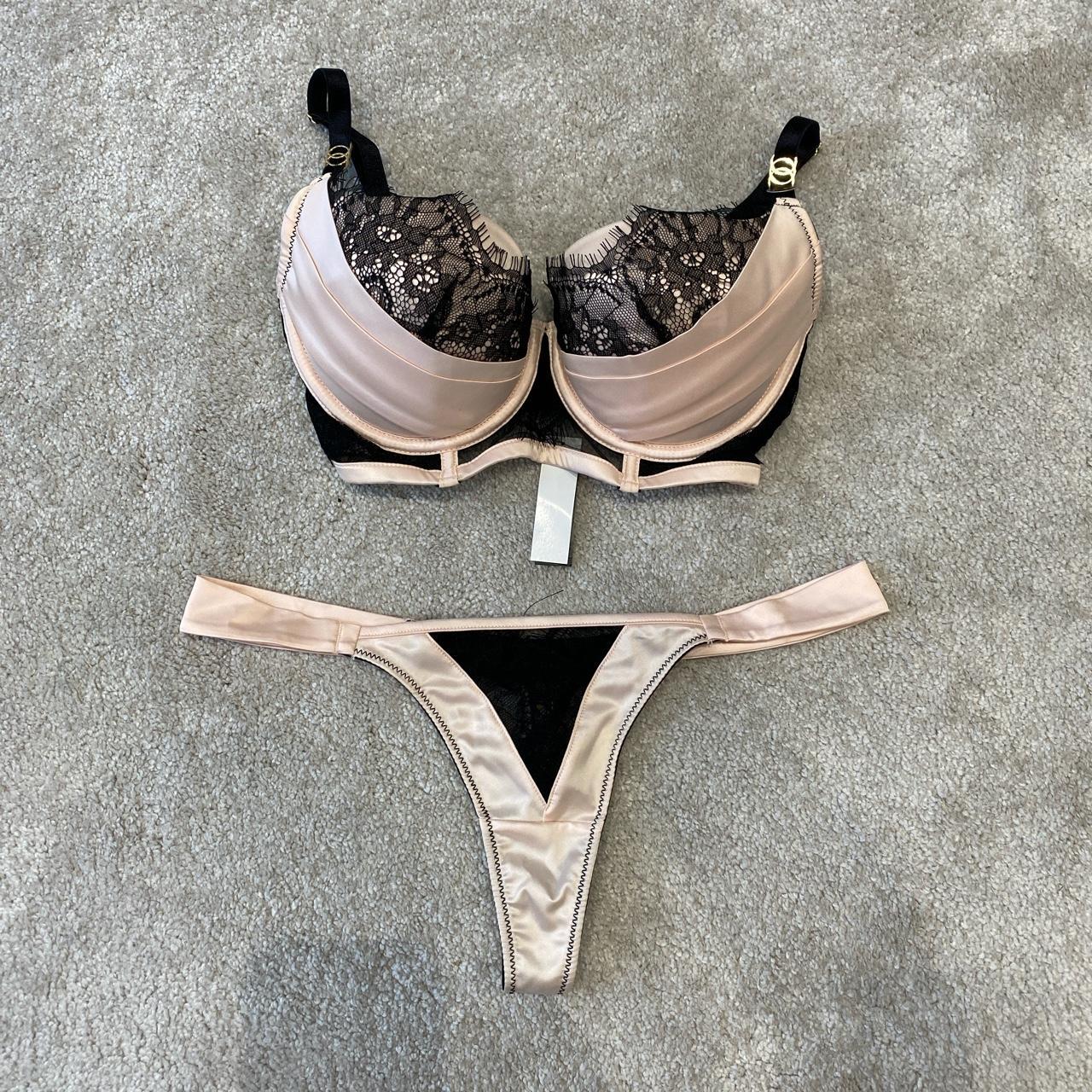 Ann Summers pink satin and black lace bra and thong... - Depop