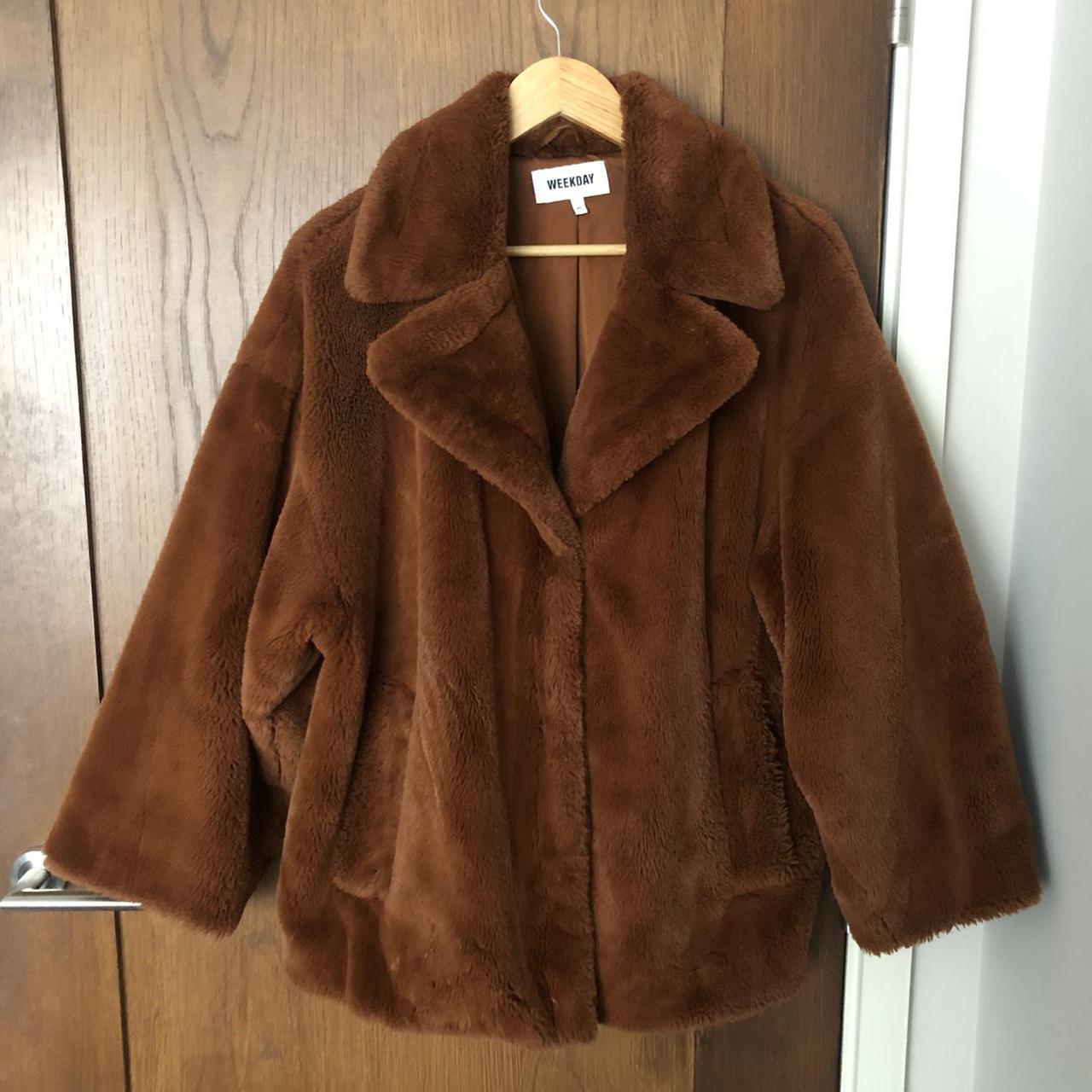 Weekday brown faux fur coat Size xs would fit a uk... - Depop