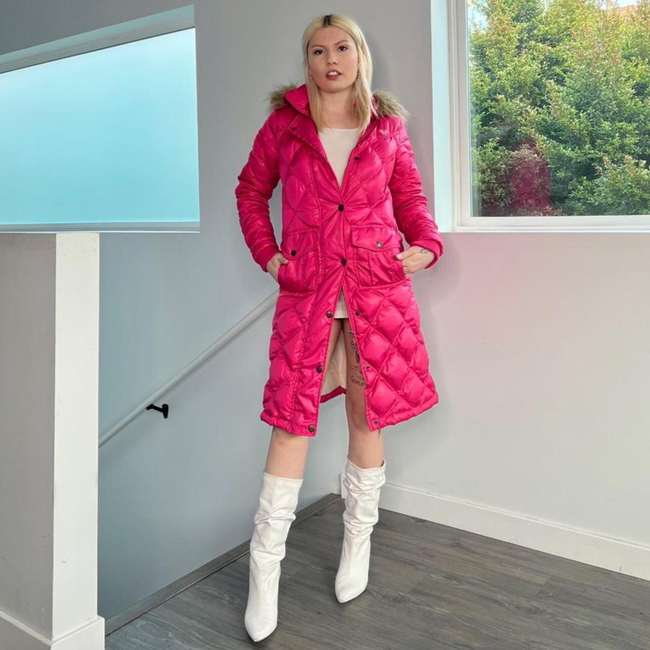Hot Pink Puffer Coat. Brown fur trim around the... - Depop