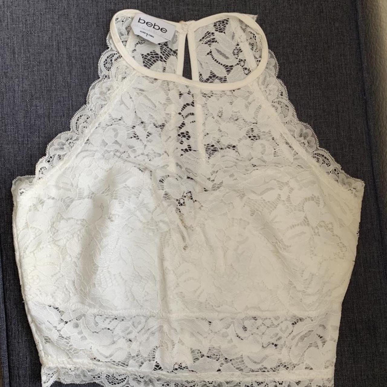 Bebe white halter lace bralette -size small -zipper... - Depop