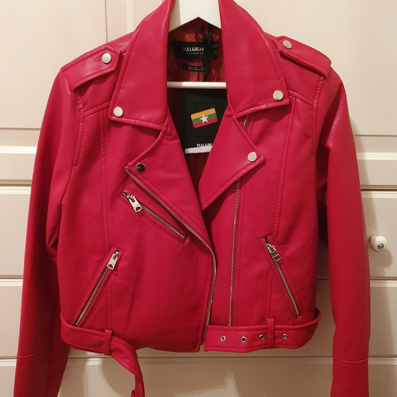 Red Pull & Bear Leather Jacket Brand New. Never... - Depop