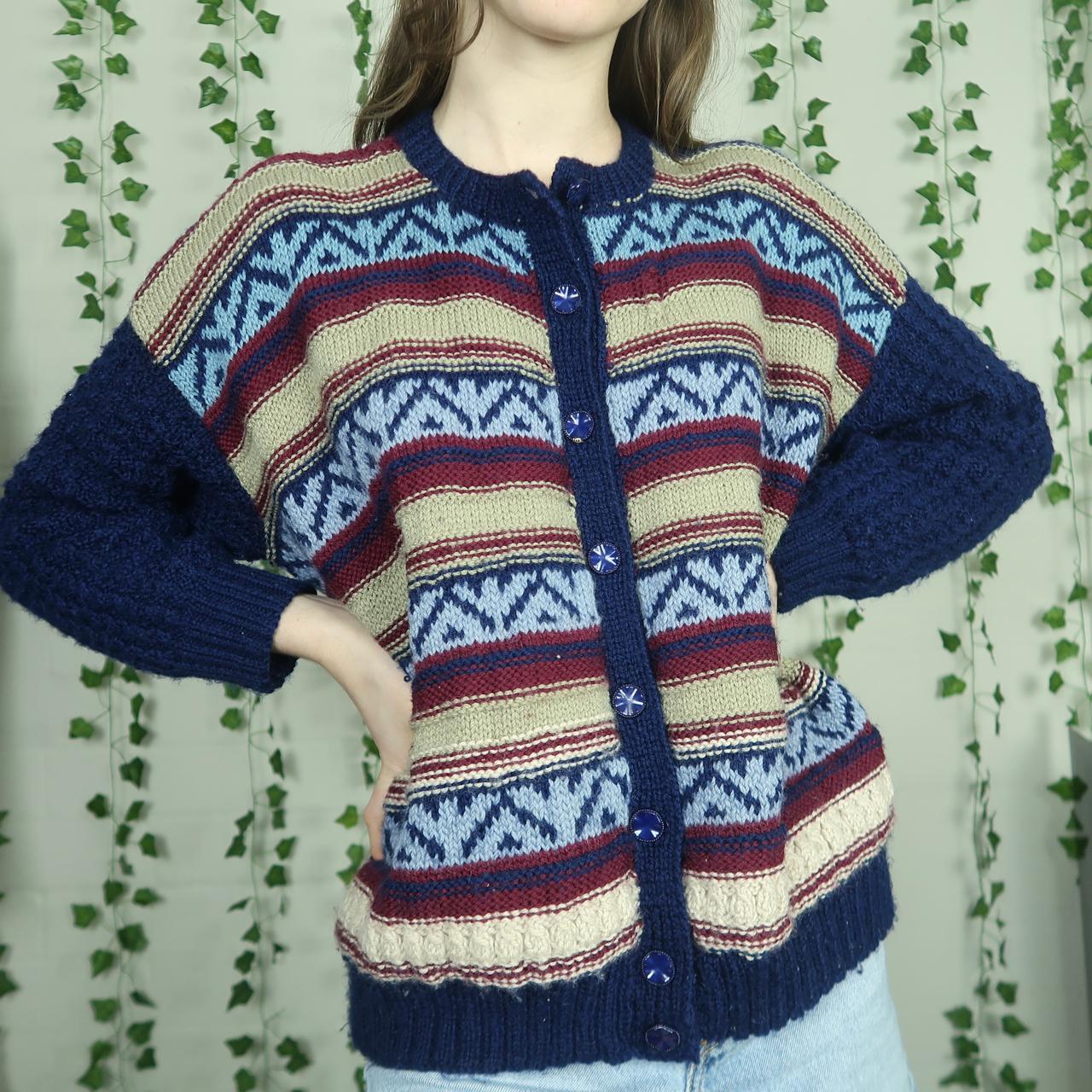 chunky knit cardigan unbranded navy blue, red and... | Depop
