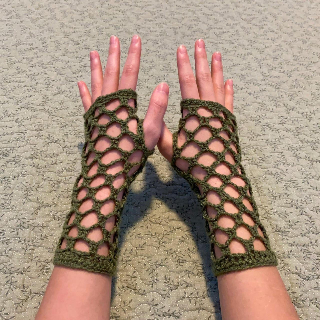 jade crocheted fishnet fingerless gloves 🍃 handmade... - Depop
