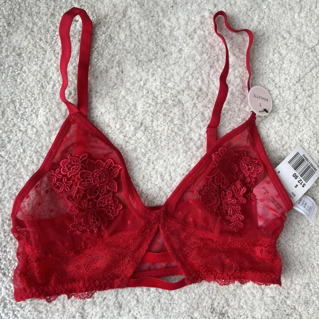 Red lace and mesh bralette Super cute and... - Depop