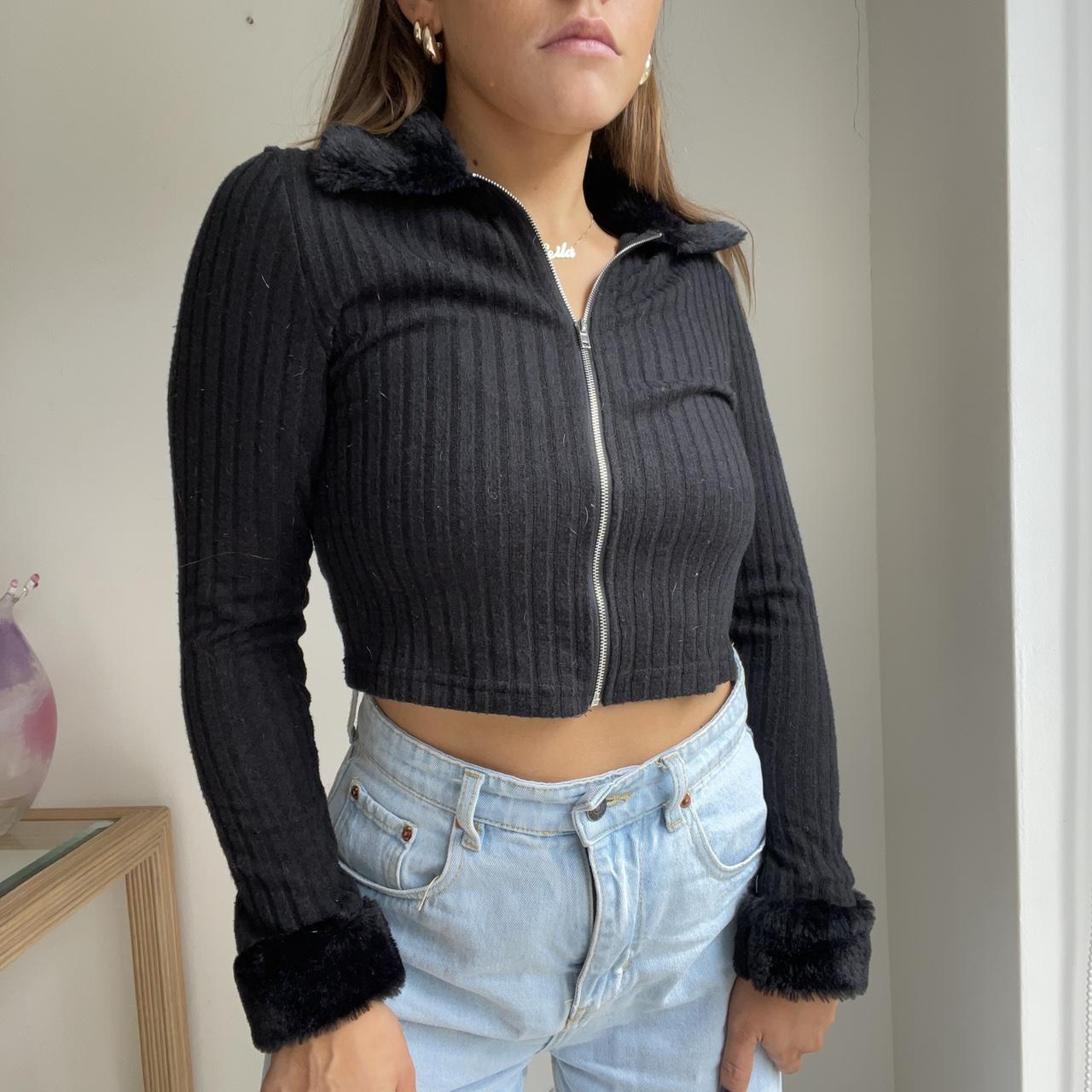 Black 90s style mini cardigan knit with zip and... - Depop