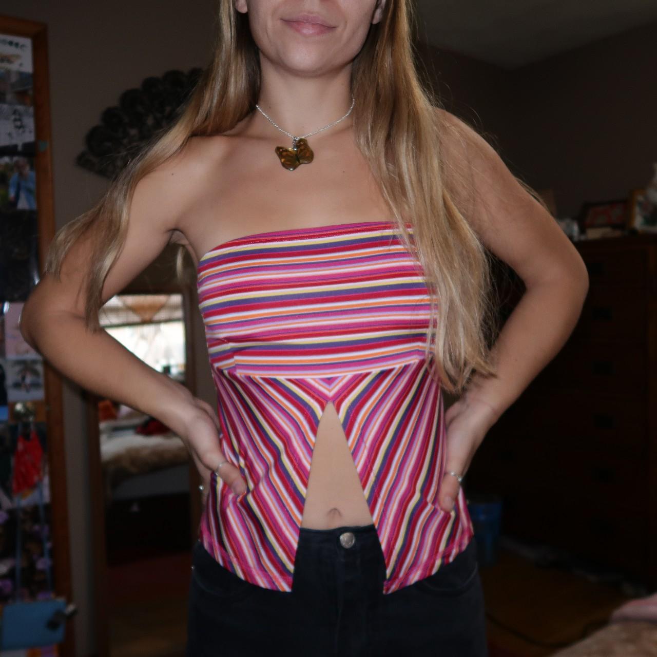Y2k HOTKISS striped cut out belly button tube... - Depop
