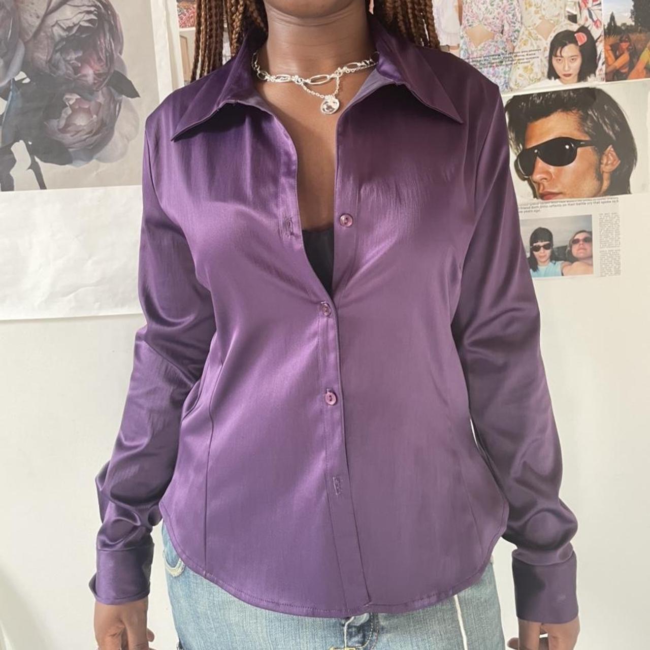 Cute purple shiny button up Stretchy material and... - Depop