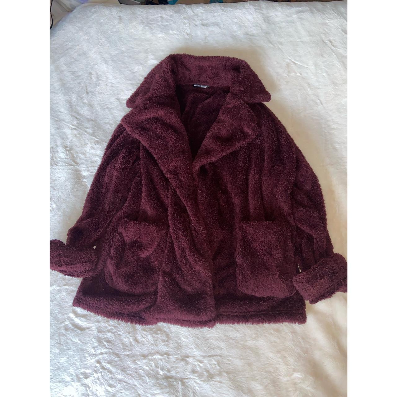 Oversized maroon teddy bear fluffy jacket from Shein... - Depop