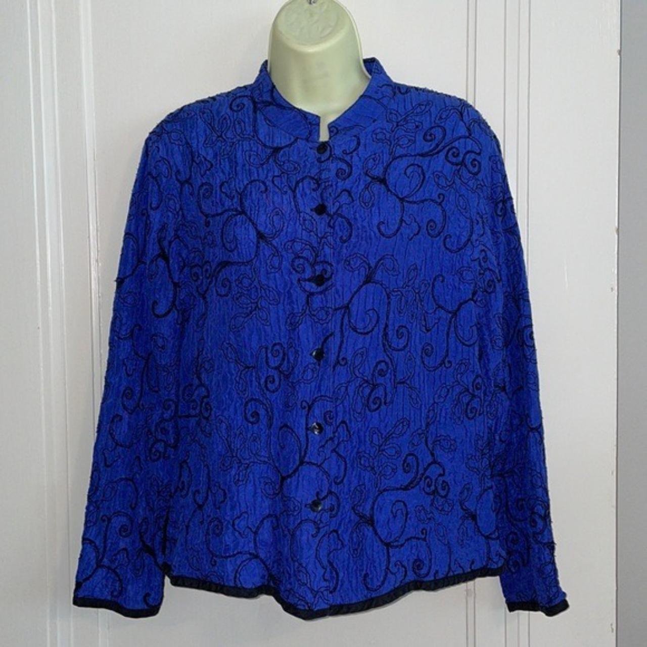 Chico’s blue silk Asian inspired jacket with black... | Depop