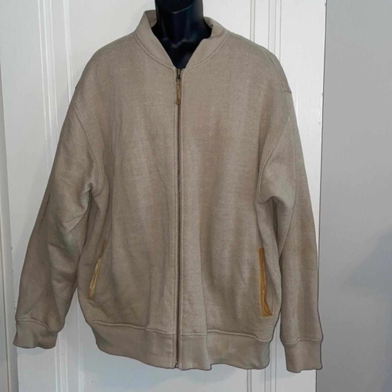 Orvis tan knit zip up cotton/polyester jacket with... - Depop