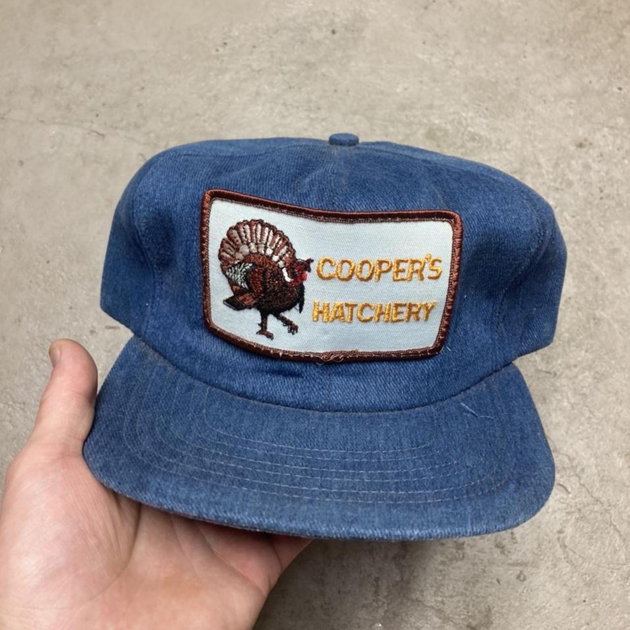 Vintage denim patch hat coopers hatchery Turkey... - Depop