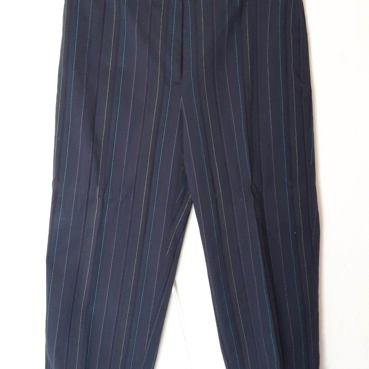Dark blue/black slacks with multicolored pinstripes.... - Depop
