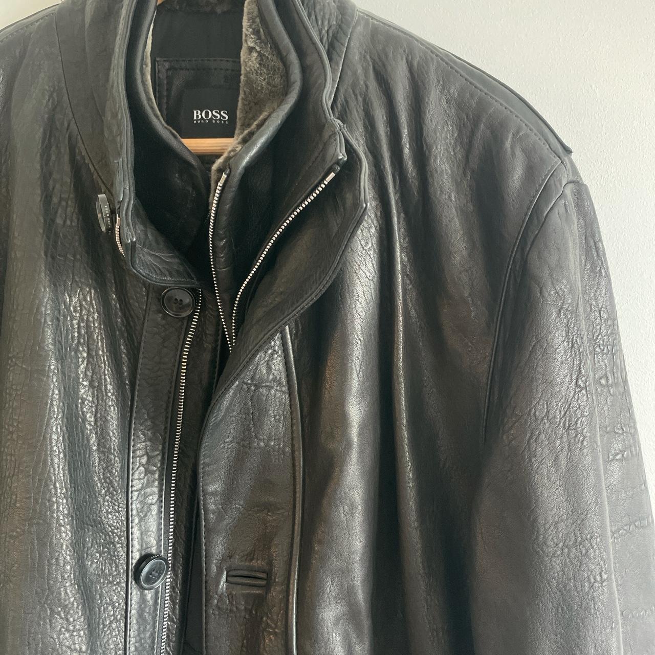 Hugo Boss Vintage leather jacket Fur design inside... - Depop