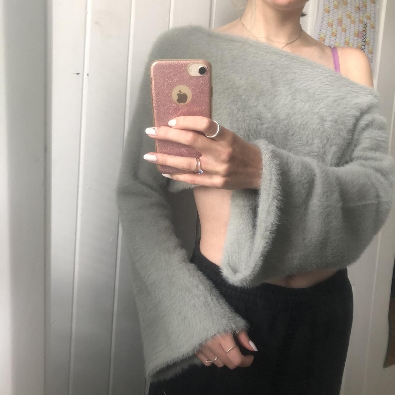 Light grey fluffy cropped off-shoulder long sleeve... - Depop
