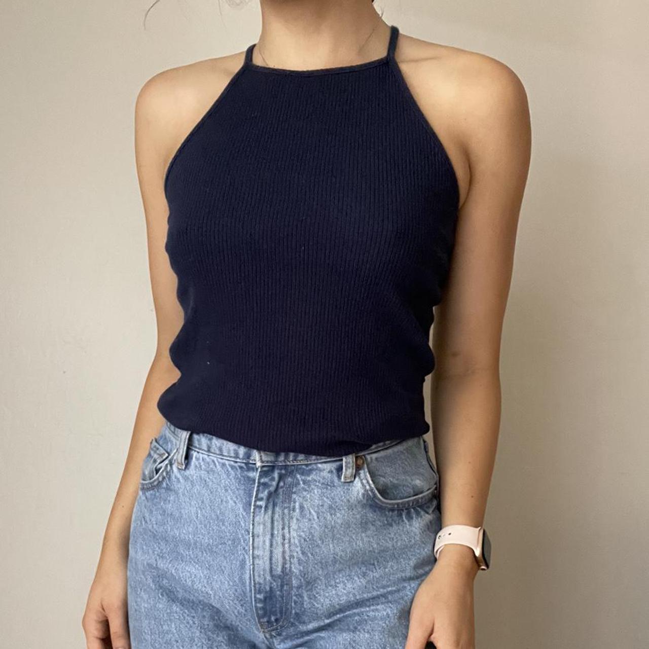 navy ribbed halter tank size L, fits like a... - Depop