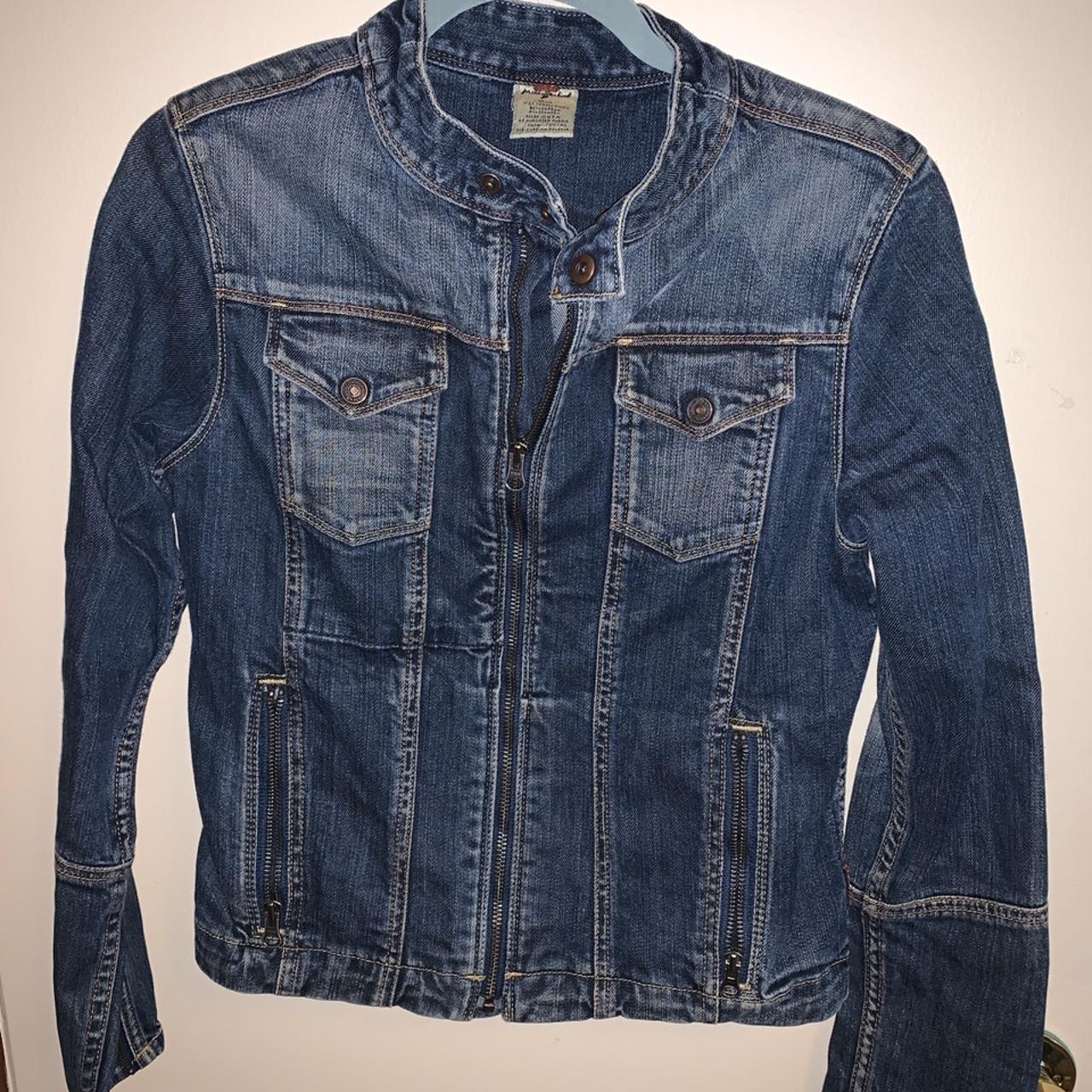 Y2K 7 for all mankind denim motorcycle jacket -... - Depop