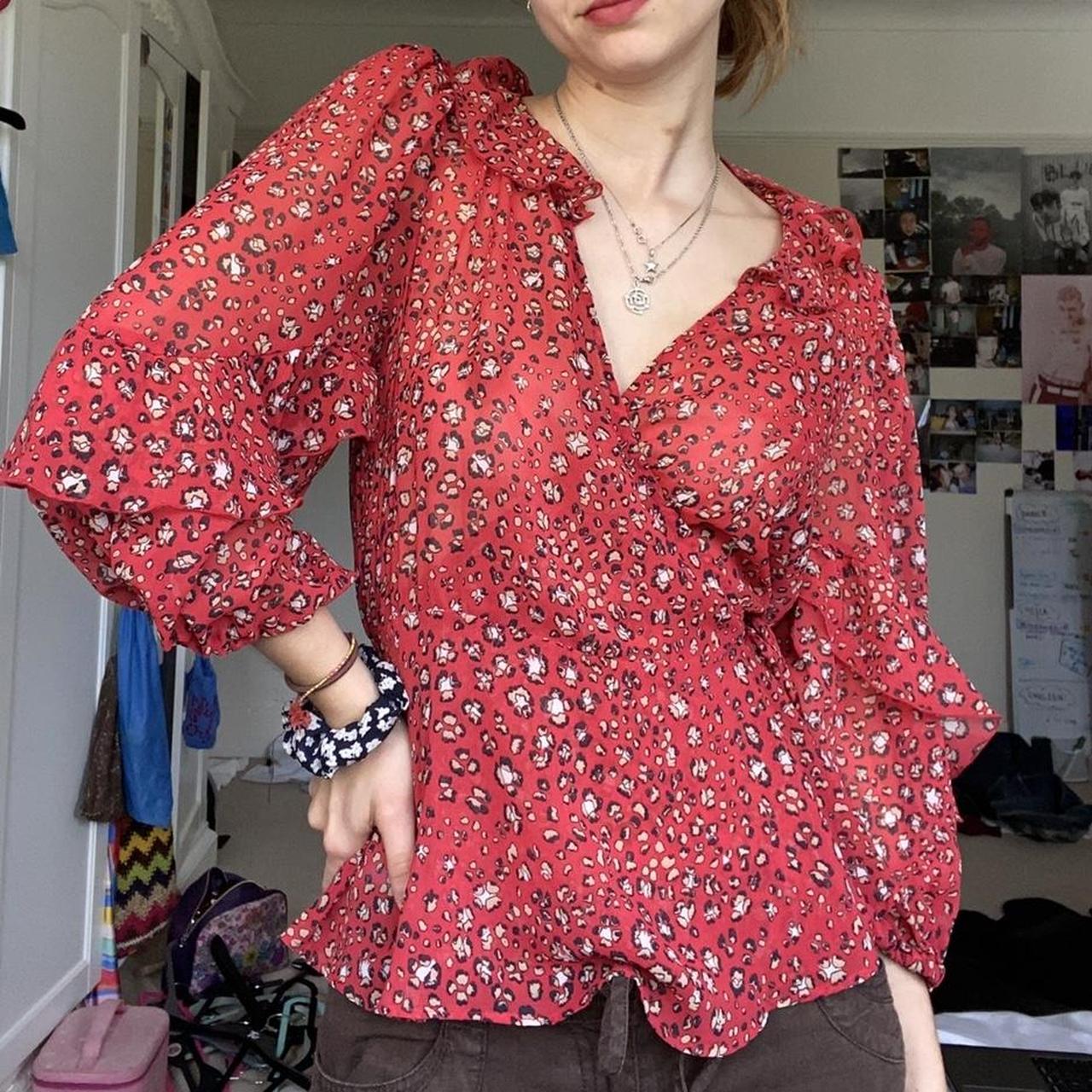Suuuper pretty red patterned frilly top with tie... | Depop