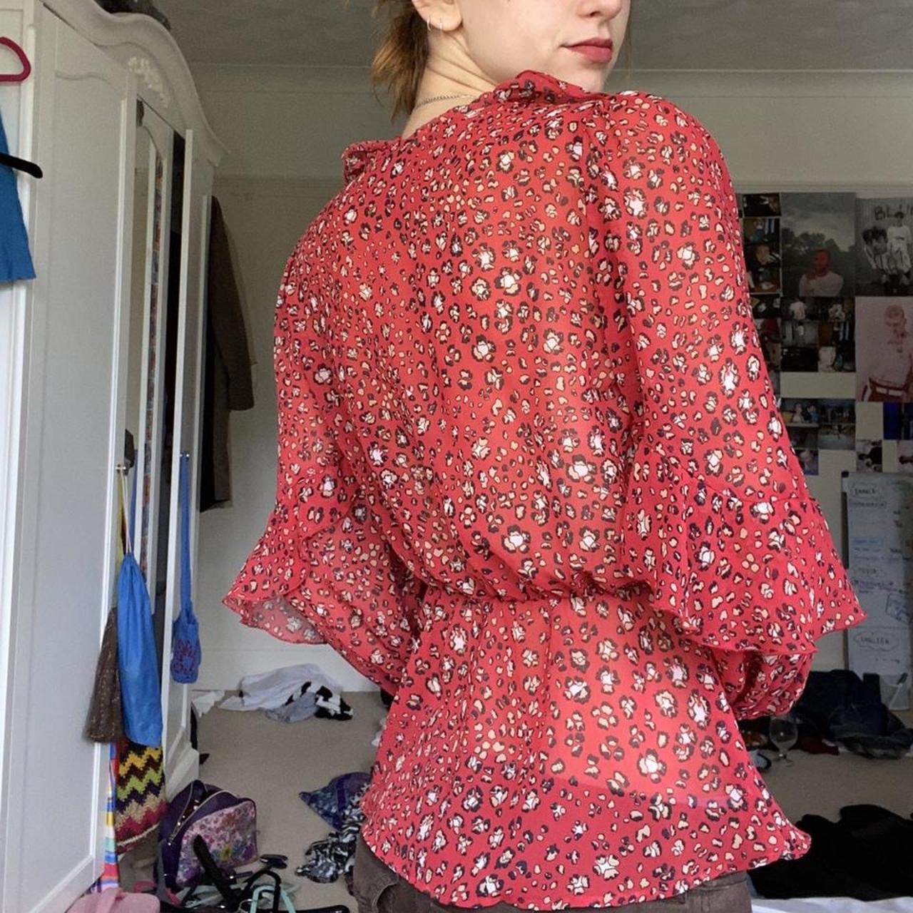 Suuuper pretty red patterned frilly top with tie... | Depop