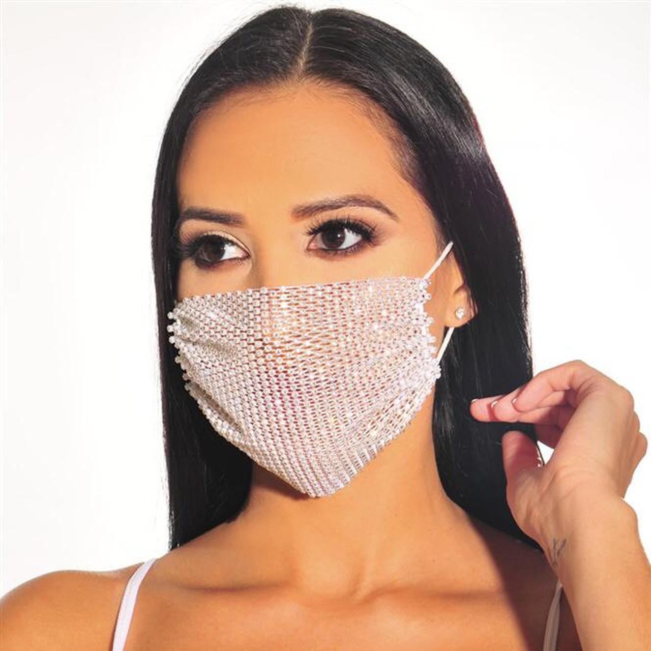 New White Silver Rhinestone Mesh Face Mask | Bling |... - Depop