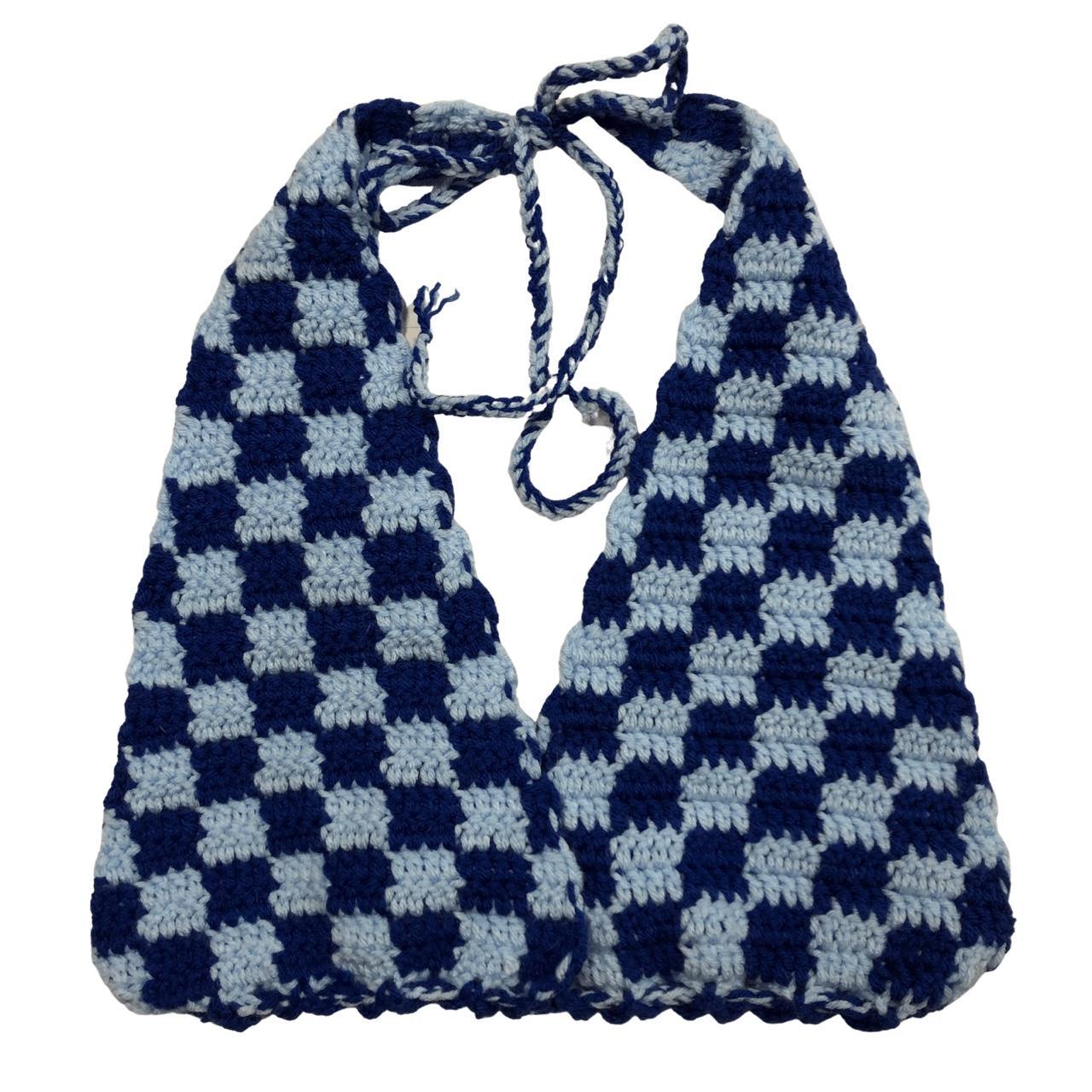 textured crochet blue checkered halter top... - Depop