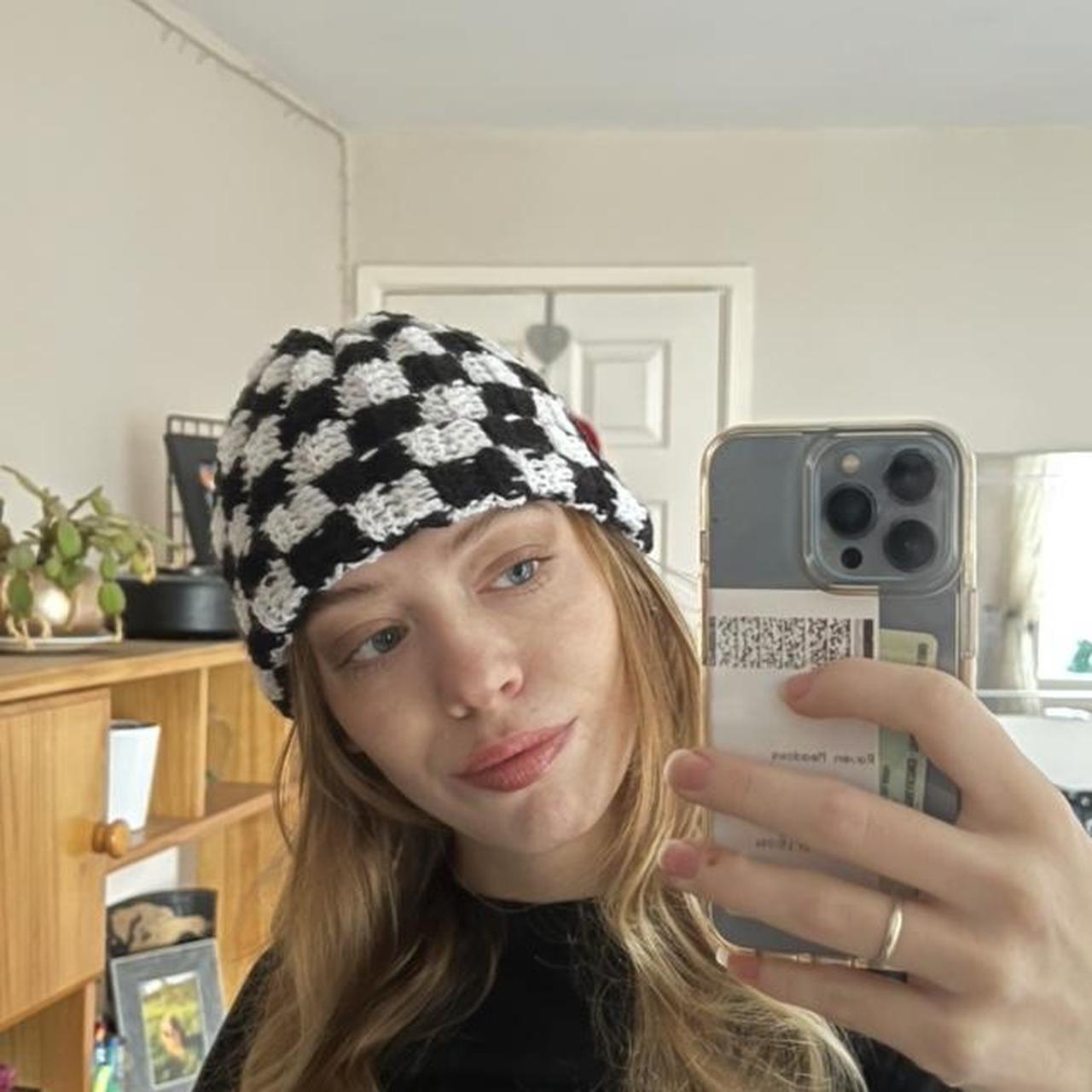 SALE TODAY Handmade Crochet Checkerboard beanie!!... - Depop