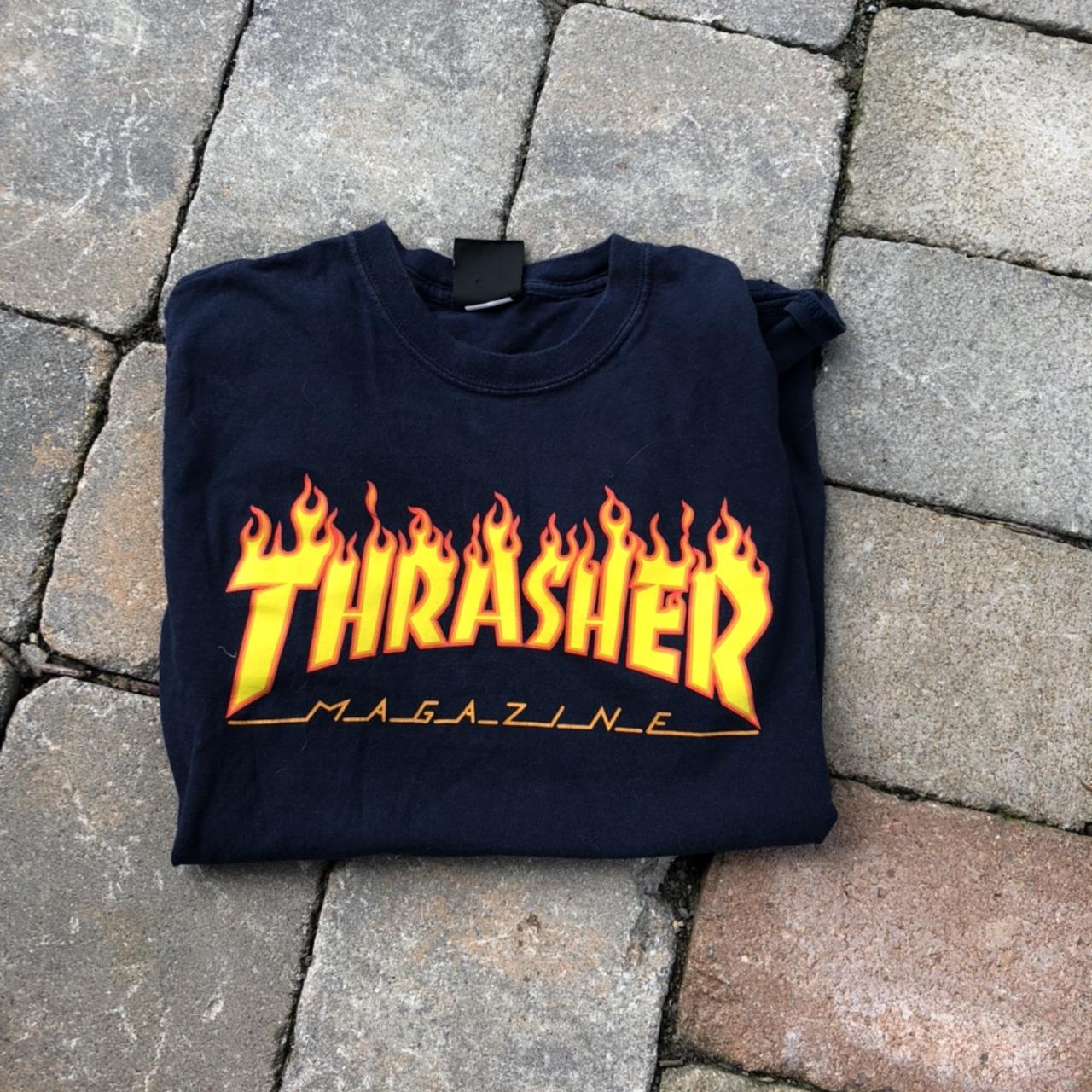 Modern navy blue thrasher magazine t-shirt -size... - Depop