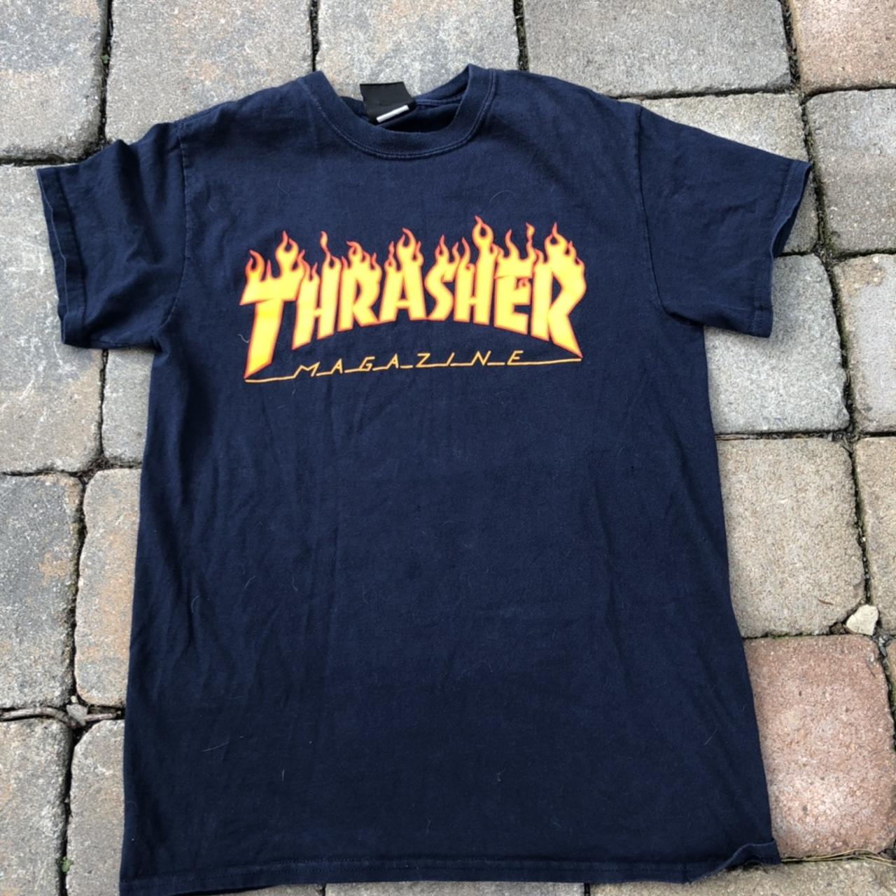 Modern navy blue thrasher magazine t-shirt -size... - Depop