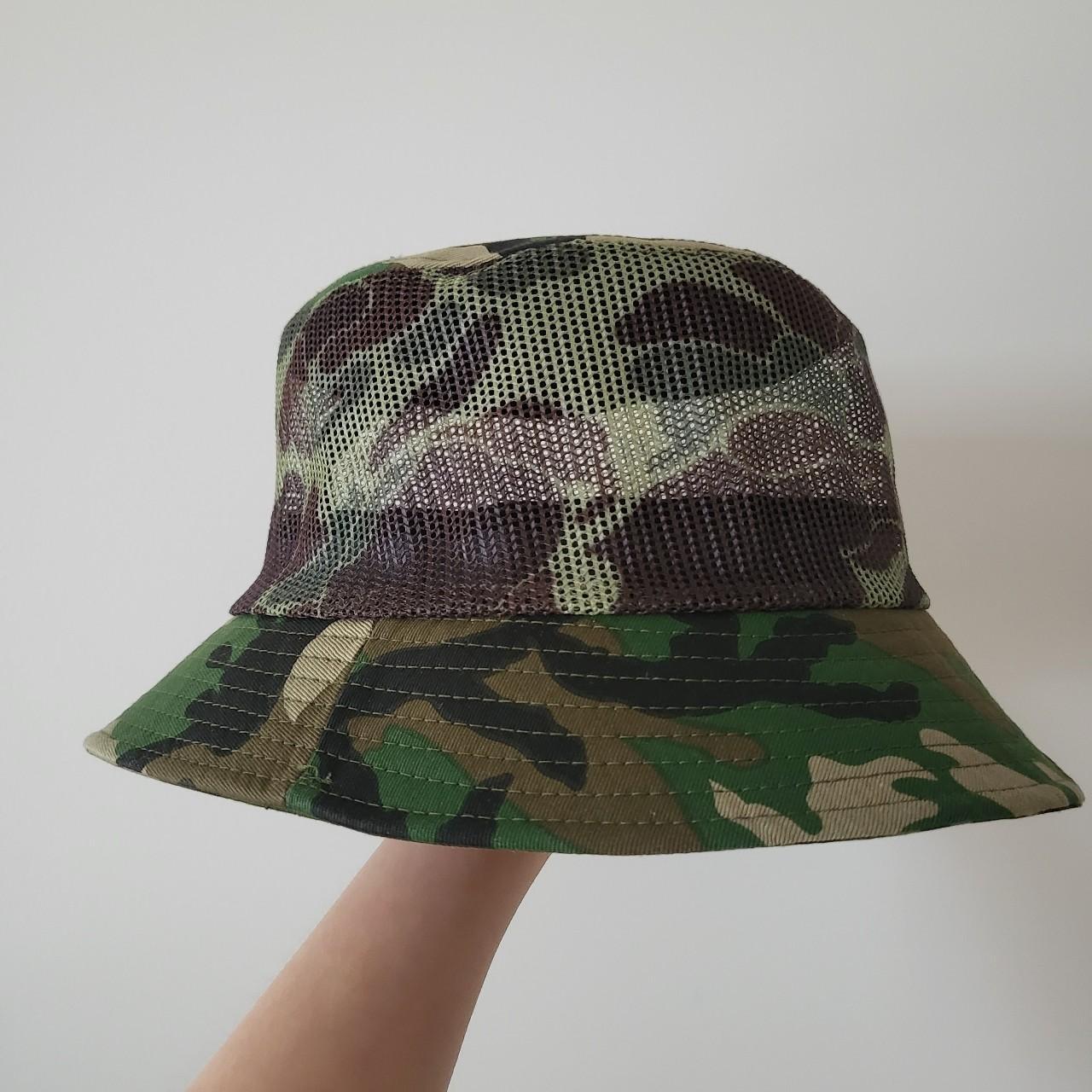 Plain army print mesh bucket hat Large size. Fits... - Depop