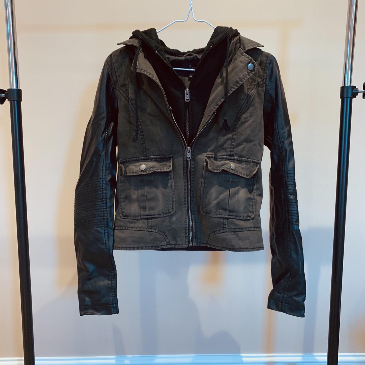 American Eagle Jacket. Khaki denim with faux leather... - Depop