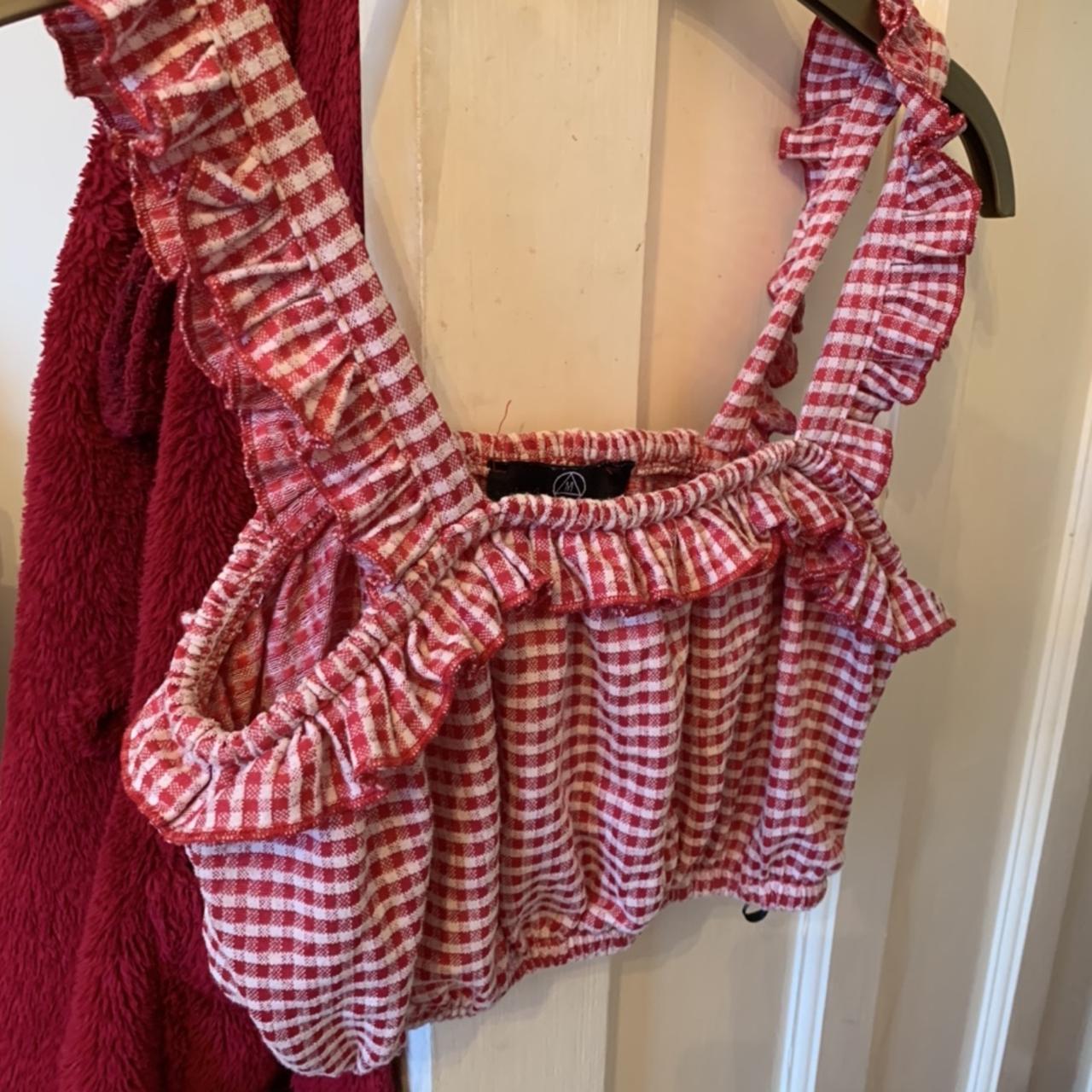 Super cute red & white checked crop top with frill... - Depop