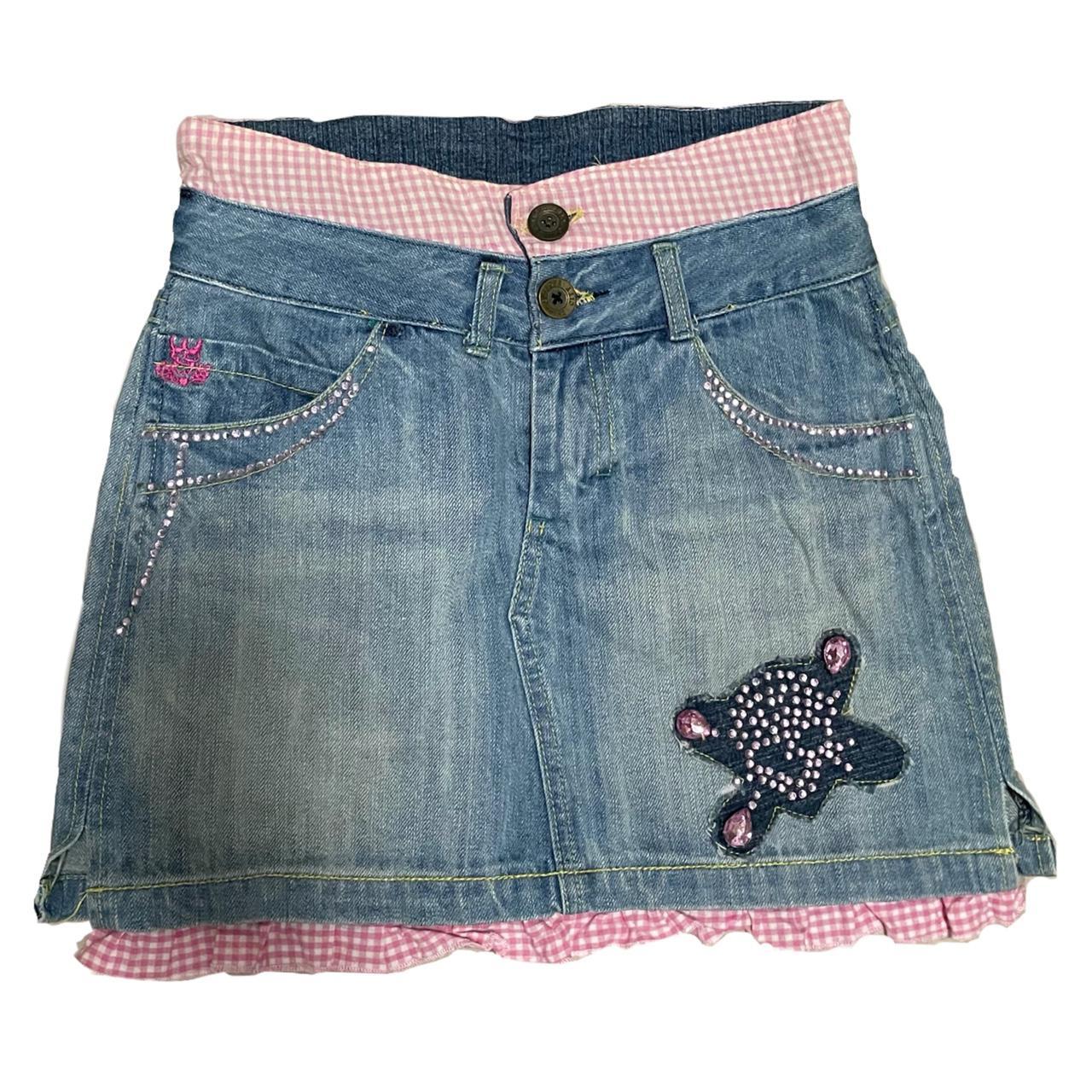 Y2K Denim Skirt Skull rhinestones patchwork Waist... - Depop
