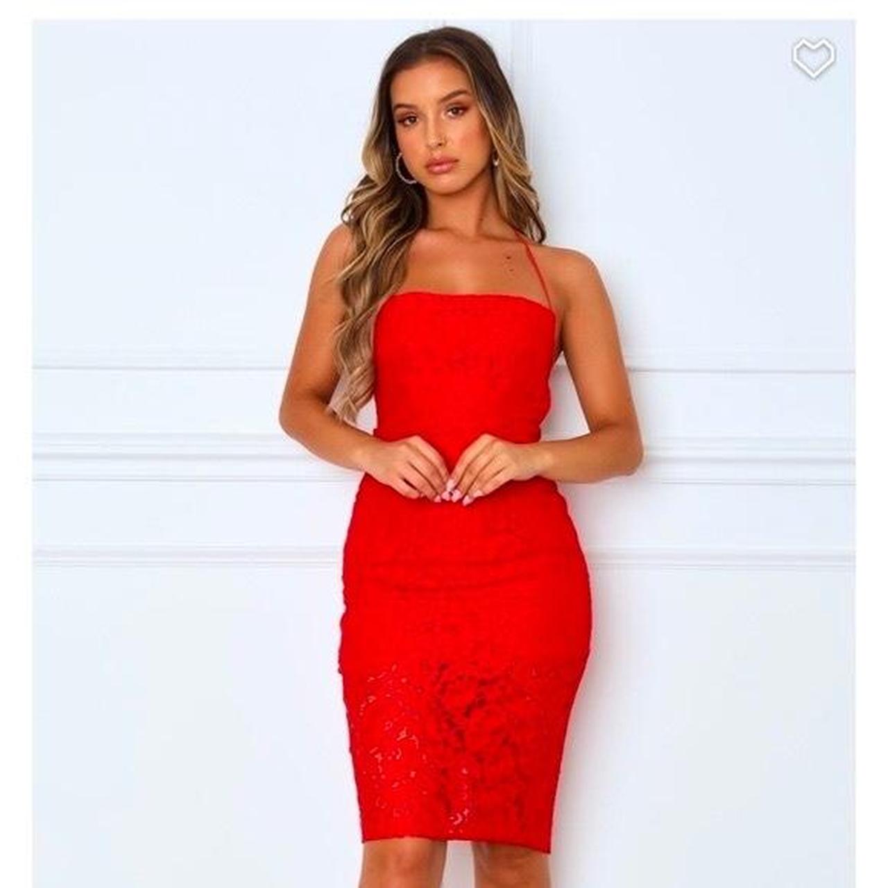 RED WHITEFOX MIDI DRESS Red lace halter neck... - Depop