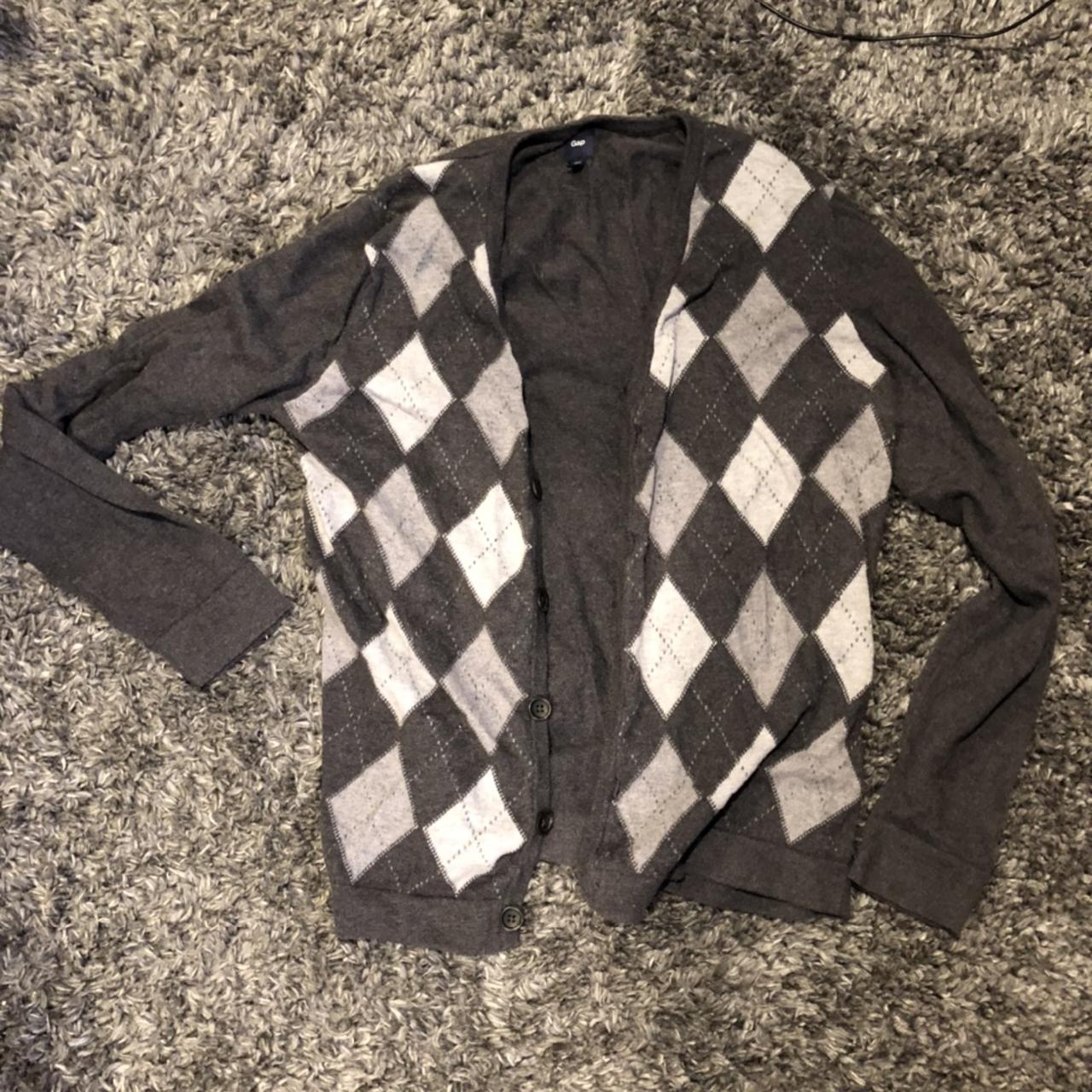 Gray Checker Pattern button up cardigan from #GAP... - Depop