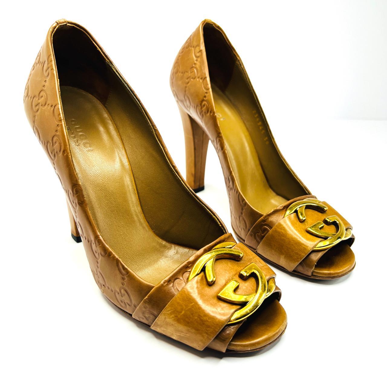 Authentic Gucci High Heels Slip on Peep Toe Chunky... - Depop