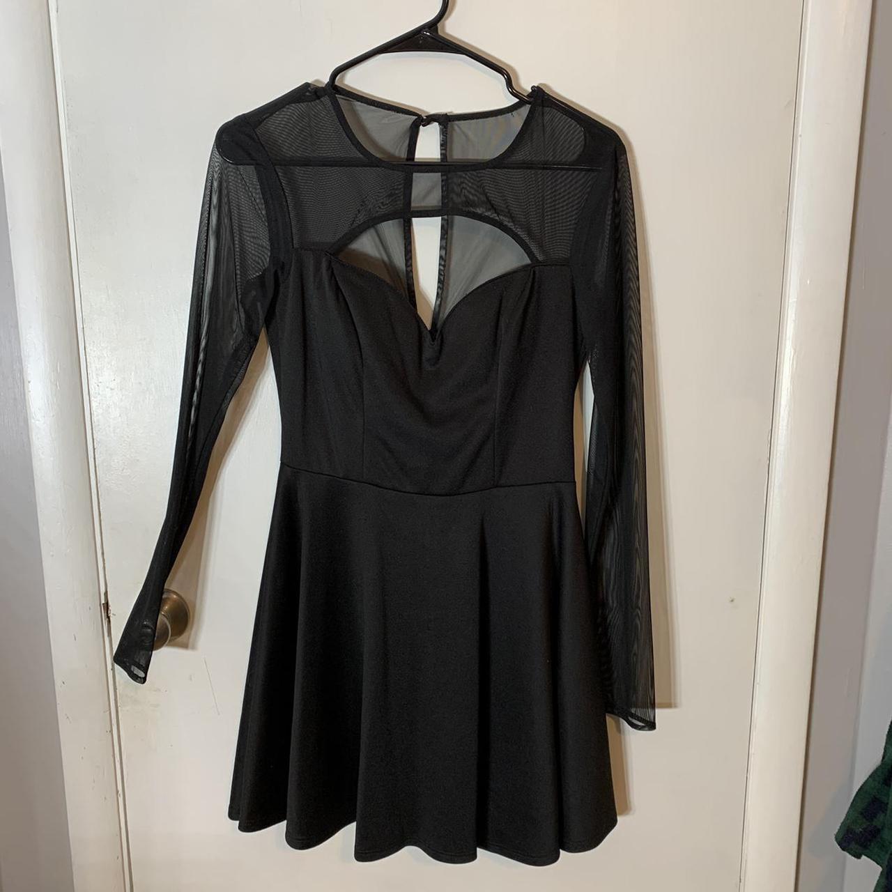 Black Short Dress With Mesh Sleeves And Neckline Depop
